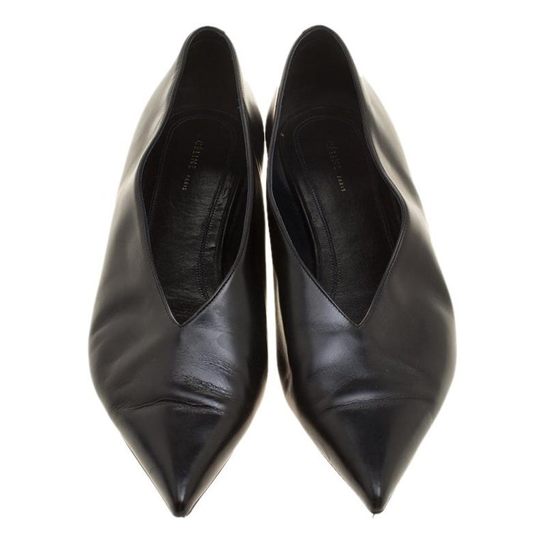 Celine Black Leather Pointed Toe Flats Size 37 For Sale at 1stDibs