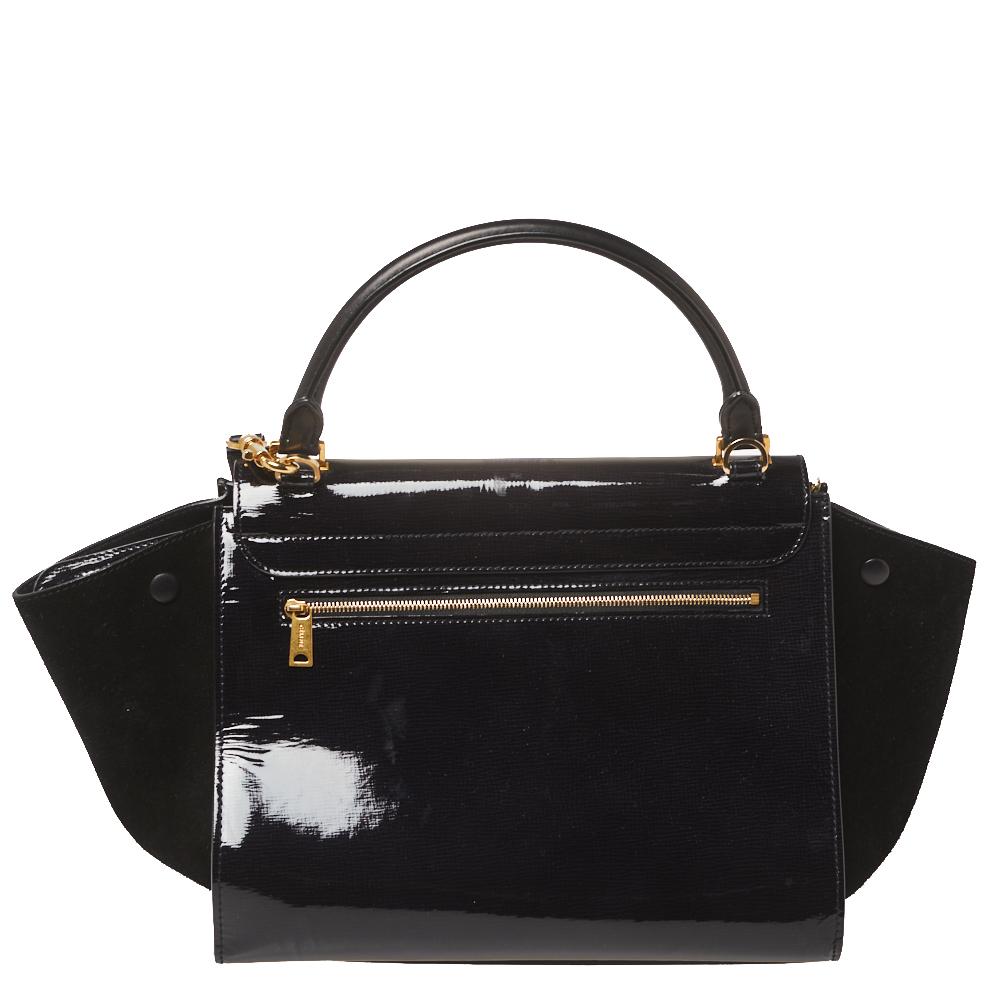 Celine Black Patent Leather and Suede Medium Trapeze Top Handle Bag at ...