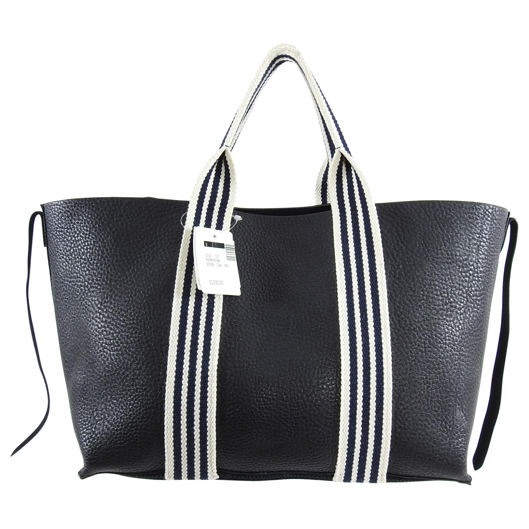 Celine Black Pebbled Leather Tote with Canvas Striped Straps at 1stDibs ...
