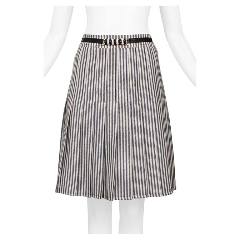 Celine Black and White Stripe Box Pleat Skirt With Hardware For Sale at ...
