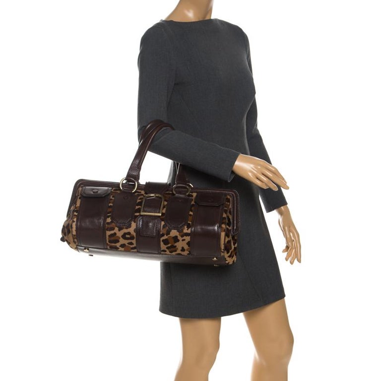 Celine Brown/Beige Leopard Print Calfhair and Leather Satchel at 1stDibs