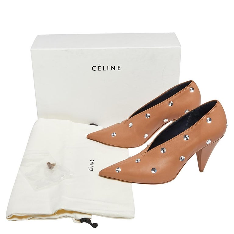 Celine Brown Leather Crystal Embellished V Neck Pumps Size 37.5 at 1stDibs