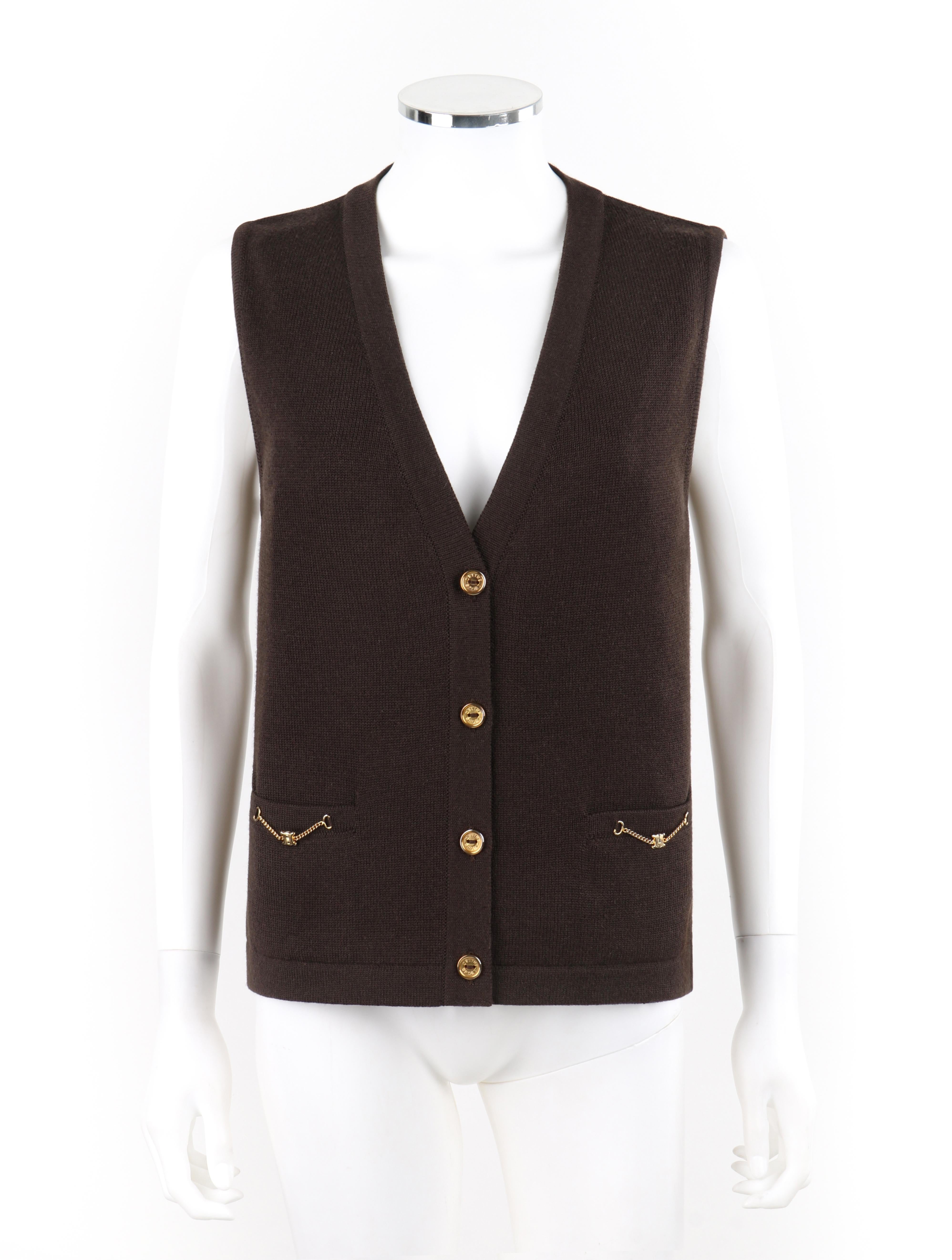 CELINE c.1990s Brown Gold Wool Button-Up V-Neck Sleeveless Sweater Vest ...