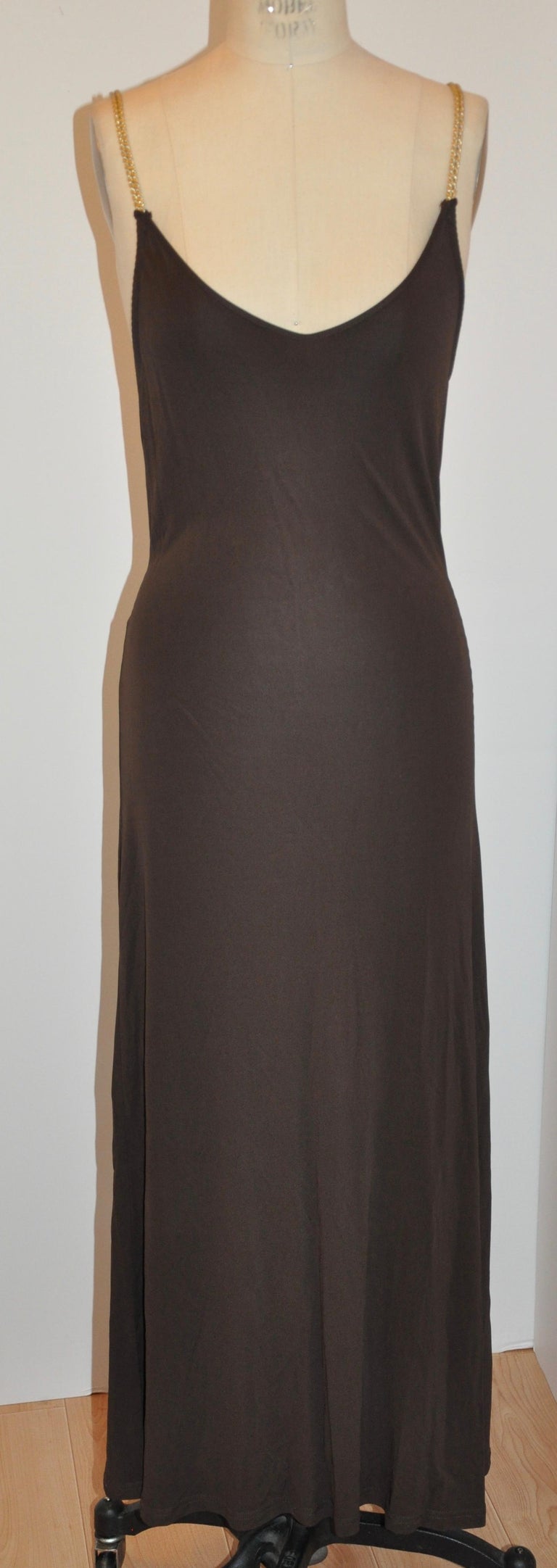 Celine Coco-Brown Silk-Blend Jersey Low-Cut Form-Fitting Maxi Dress at ...