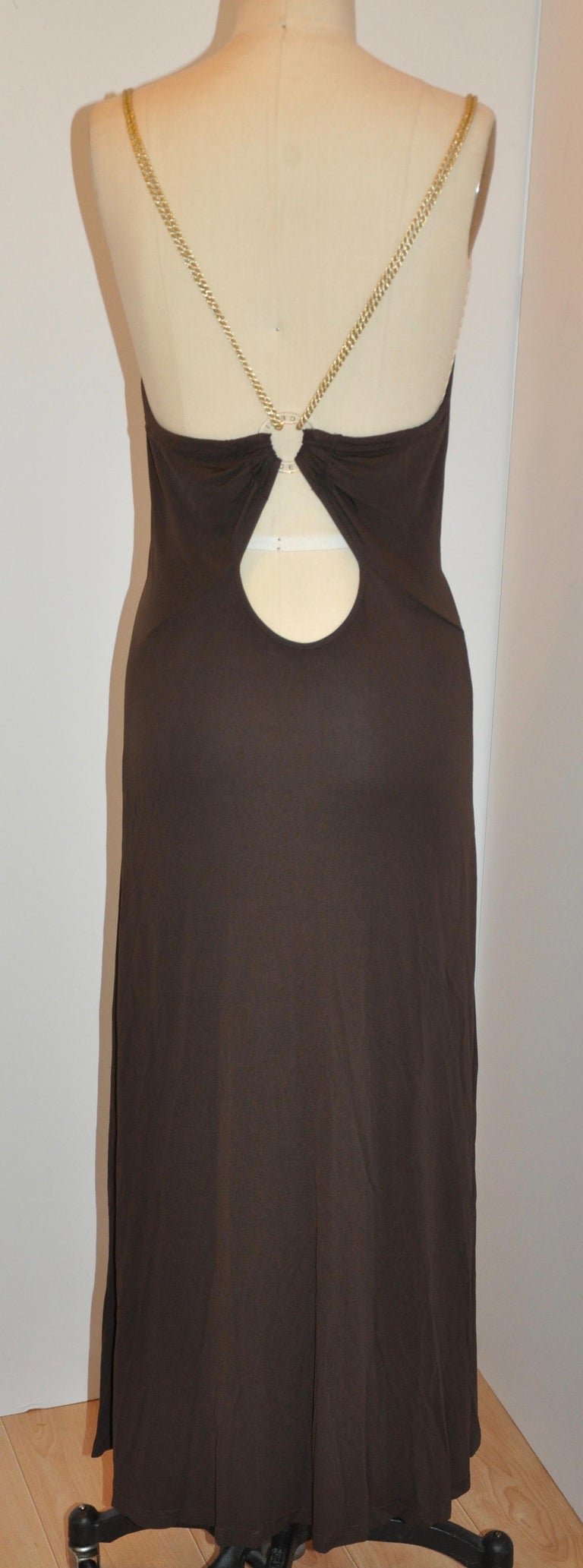 Celine Coco-Brown Silk-Blend Jersey Low-Cut Form-Fitting Maxi Dress at ...
