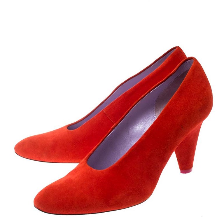 Celine Coral Red Suede Pumps Size 37 For Sale at 1stDibs