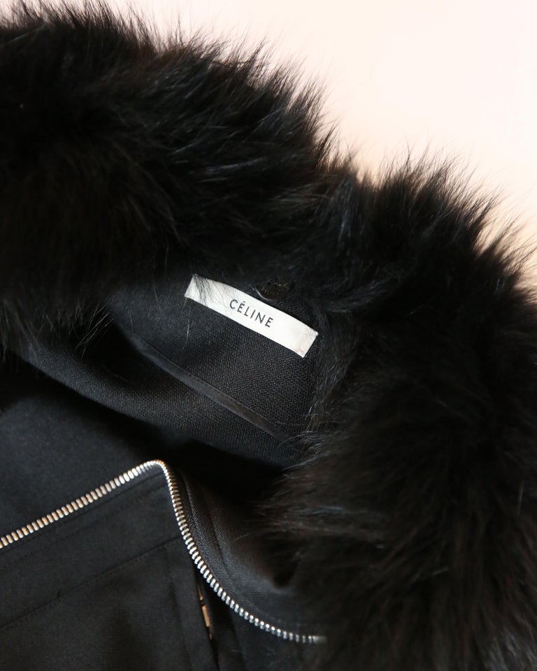 Celine fox fur collar black structured bomber style coat jacket For ...