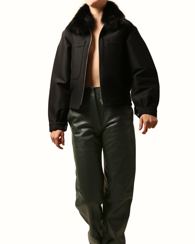 Celine fox fur collar black structured bomber style coat jacket For ...