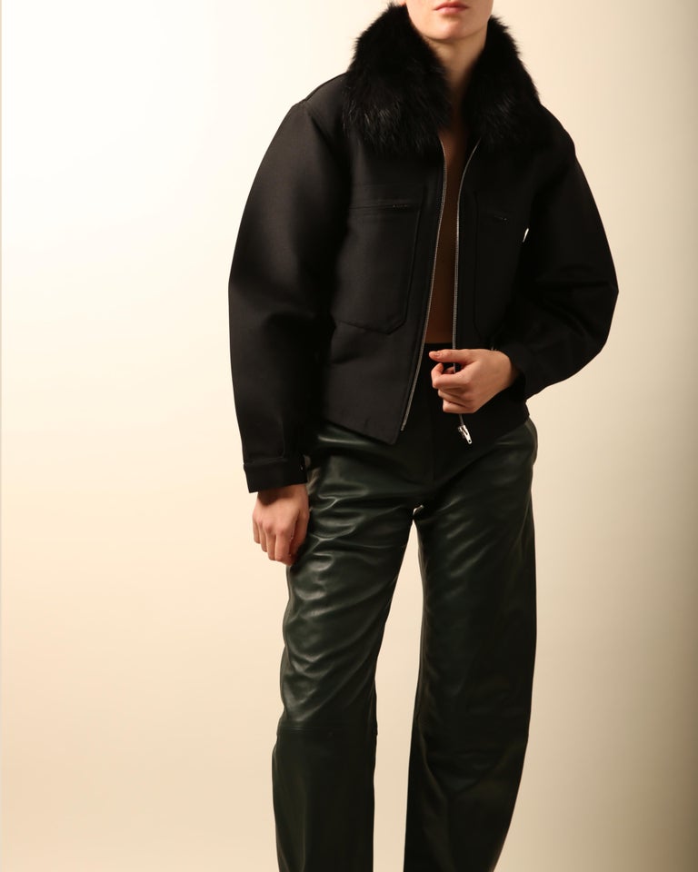 Celine fox fur collar black structured bomber style coat jacket For ...