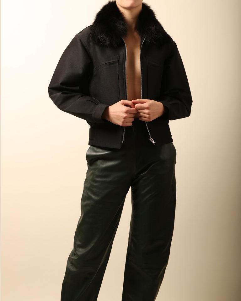 Celine fox fur collar black structured bomber style coat jacket For ...