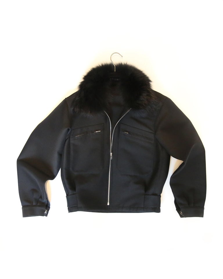 Celine fox fur collar black structured bomber style coat jacket For ...