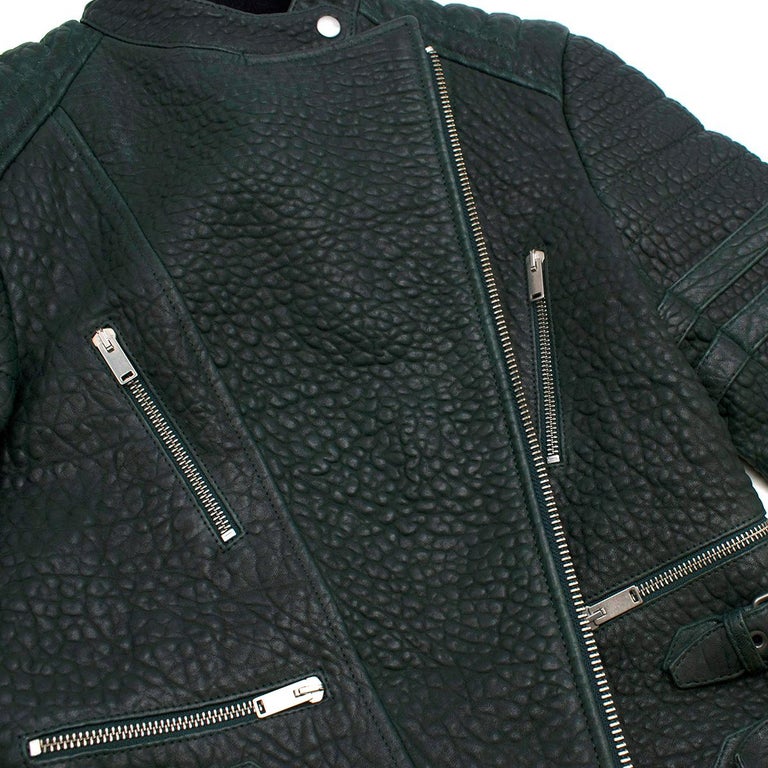Celine Green Textured Lambskin Biker Jacket - Size US 6 For Sale at 1stDibs