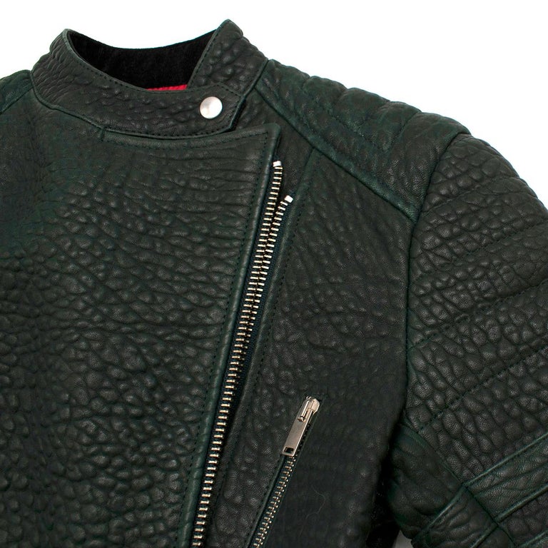 Celine Green Textured Lambskin Biker Jacket - Size US 6 For Sale at 1stDibs