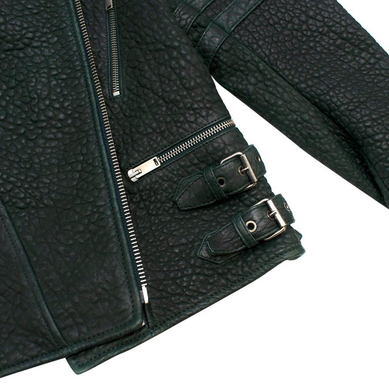 Celine Green Textured Lambskin Biker Jacket - Size US 6 For Sale at 1stDibs