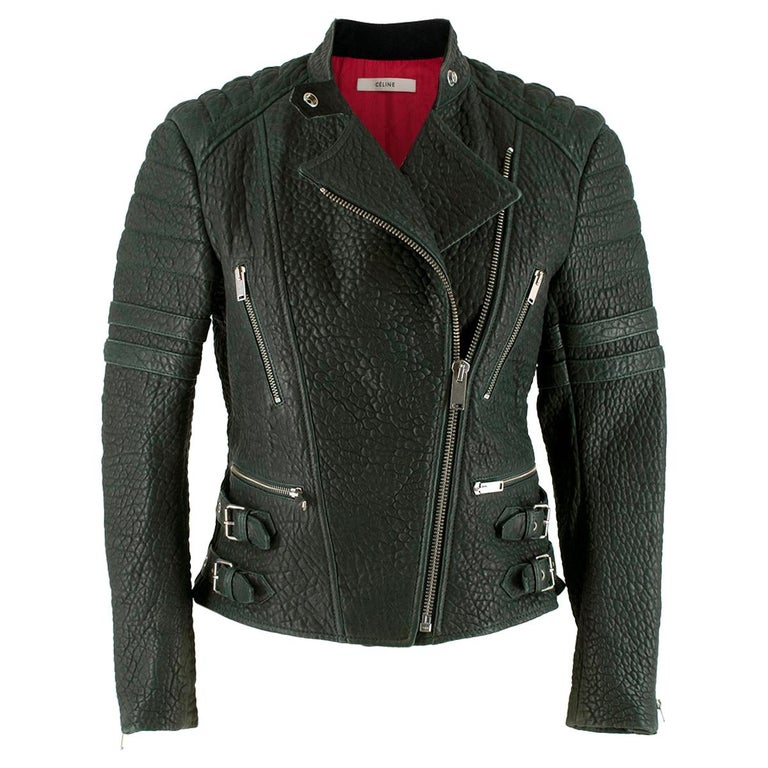 Celine Green Textured Lambskin Biker Jacket - Size US 6 at 1stDibs