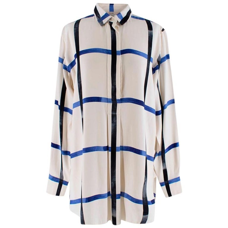 Celine Ivory and Blue Checked Silk Shirt - Size US 6 at 1stDibs