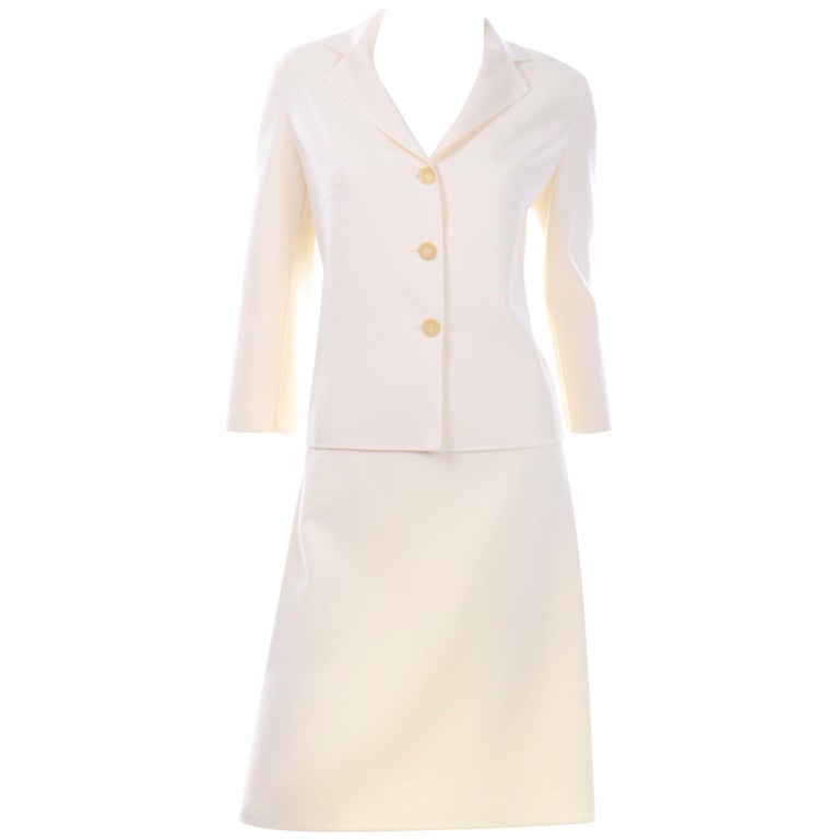 Celine Ivory Wool Suit With Skirt and Cropped Sleeve Jacket at 1stDibs