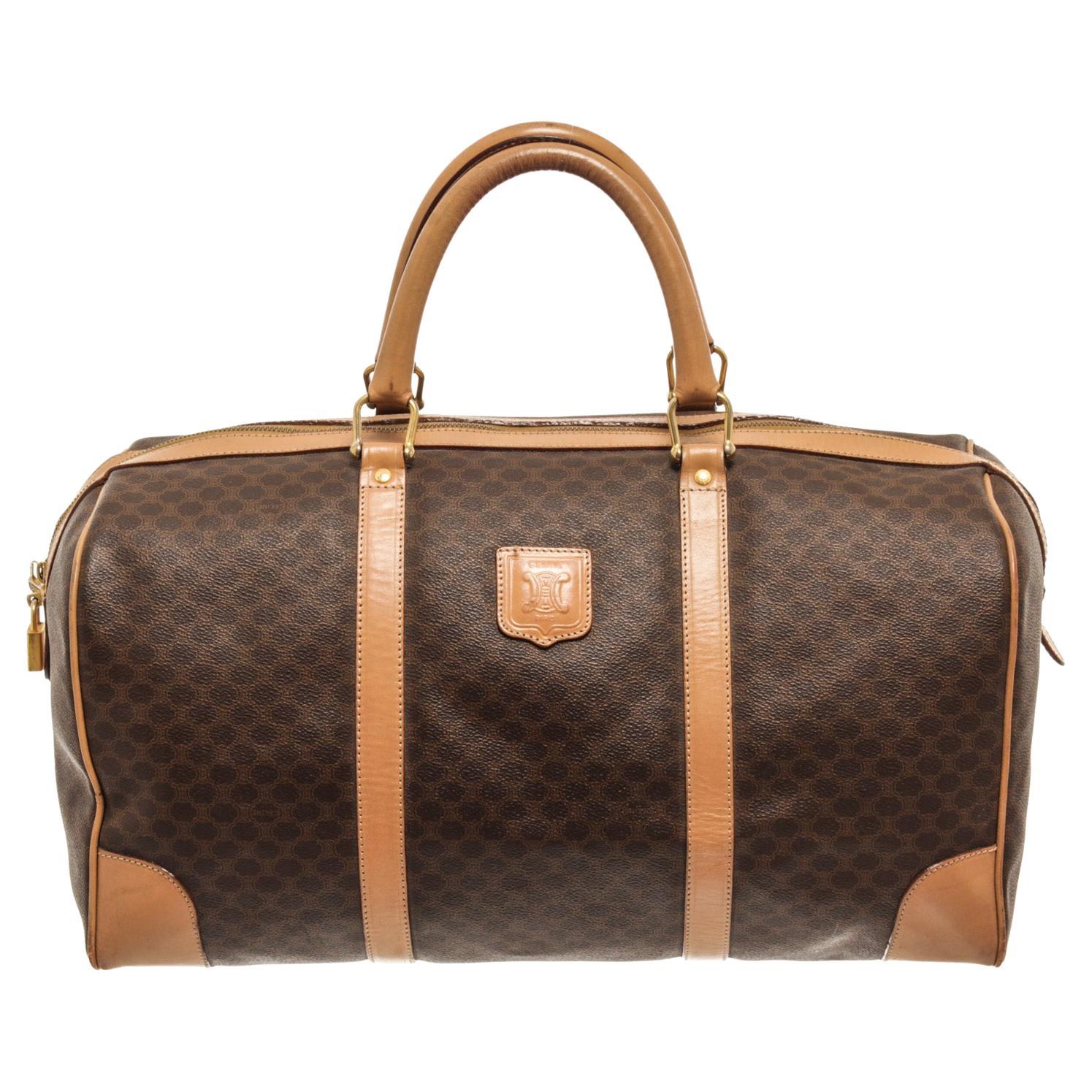 Celine Brown Macadam Coated Canvas Leather Vintage Duffle Bag at 1stDibs