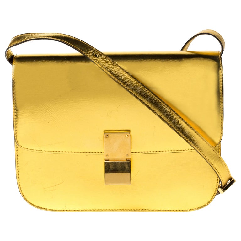 Celine Metallic Gold Leather Medium Classic Box Shoulder Bag For Sale ...