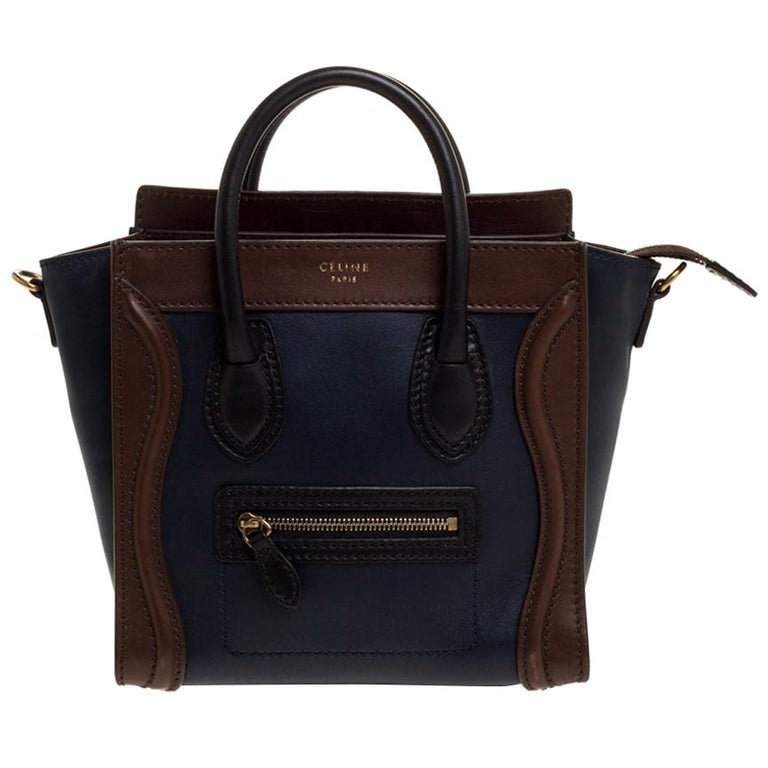 Celine Navy Blue/Brown Leather Nano Luggage Tote at 1stDibs