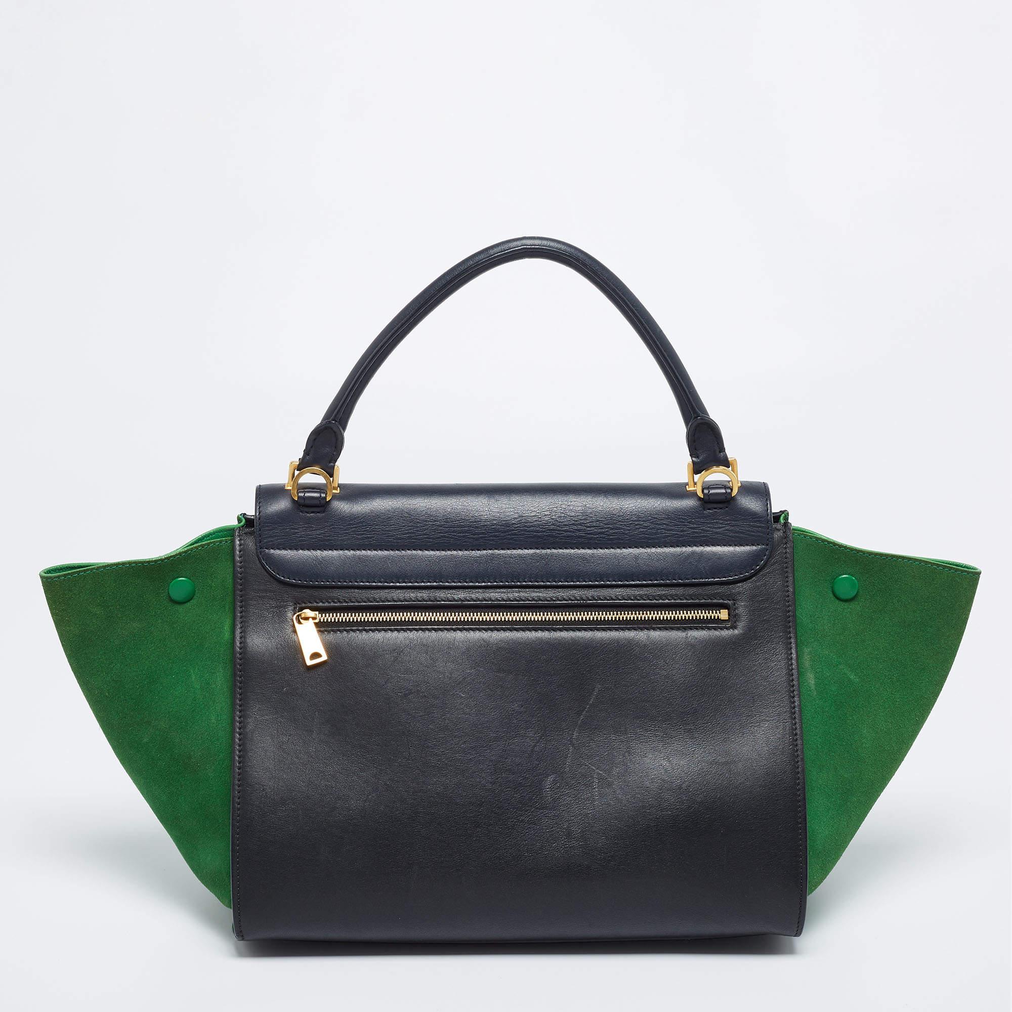 Celine Navy Blue/Green Leather and Suede Medium Trapeze Top Handle Bag ...