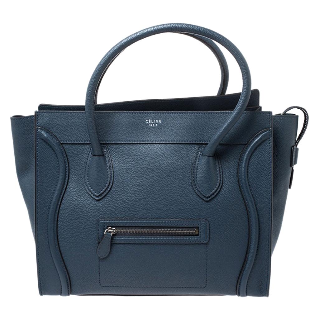 Celine Navy Blue Leather Shoulder Luggage Tote For Sale at 1stDibs