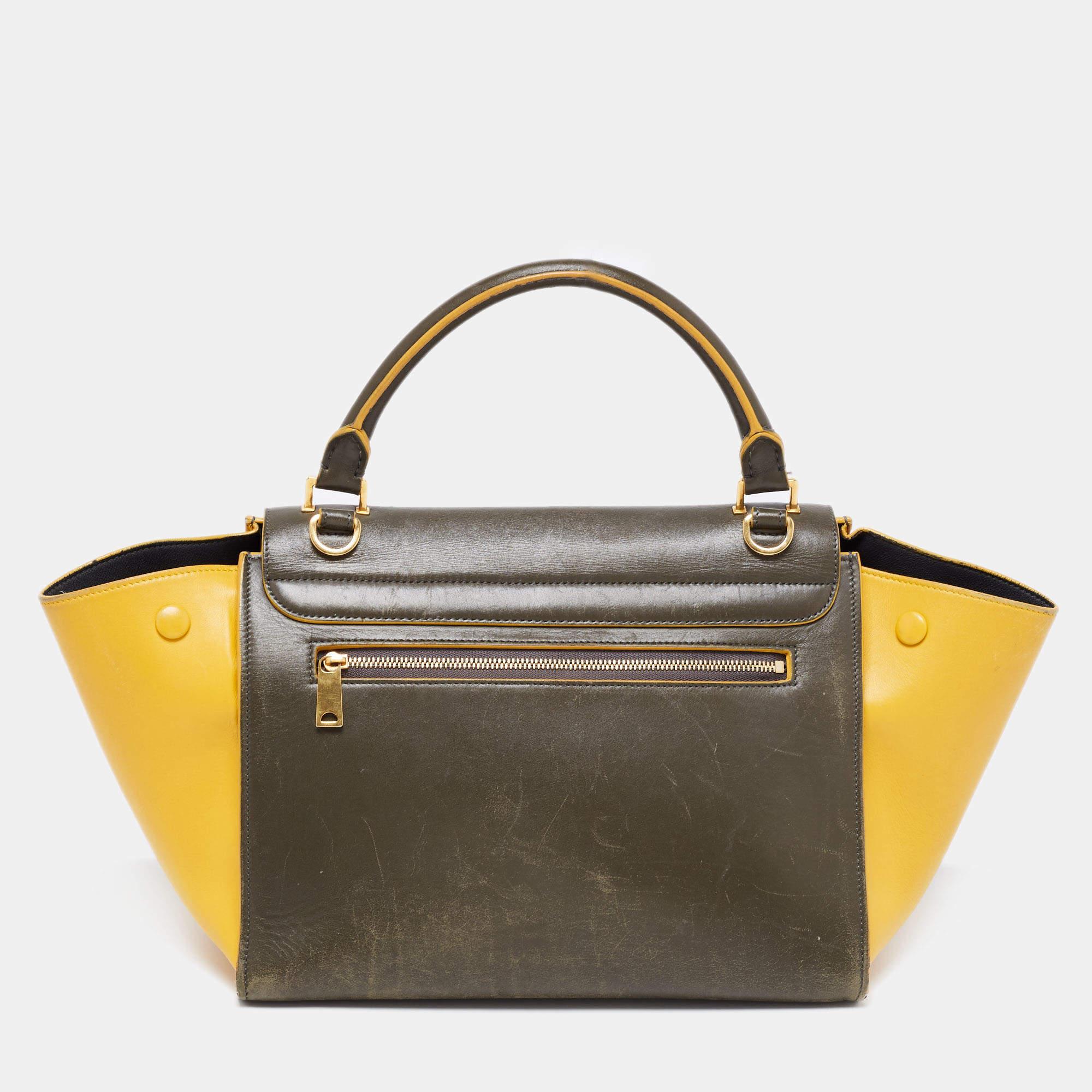 Celine Olive Green/Yellow Leather Small Trapeze Bag For Sale at 1stDibs