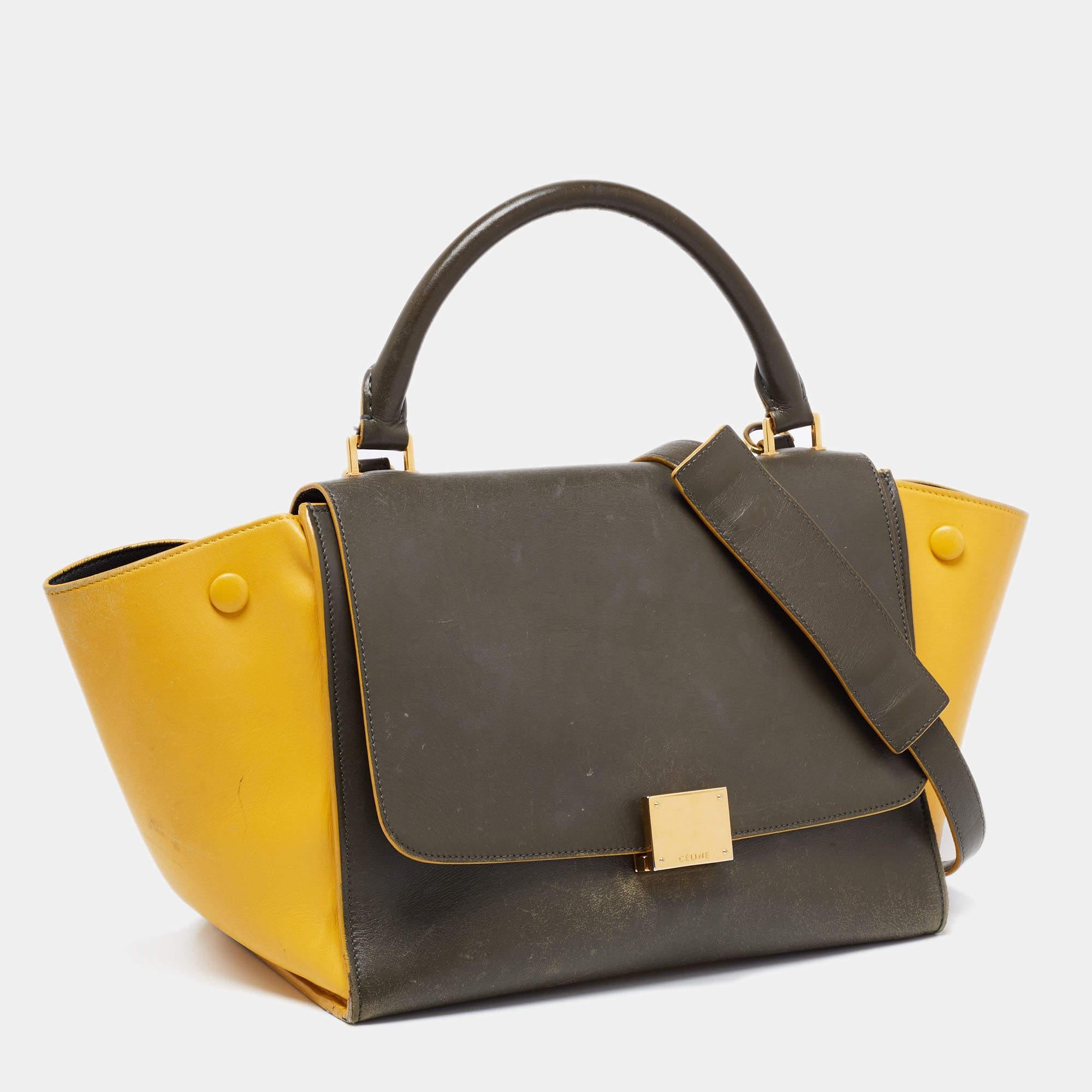 Celine Olive Green/Yellow Leather Small Trapeze Bag For Sale at 1stDibs