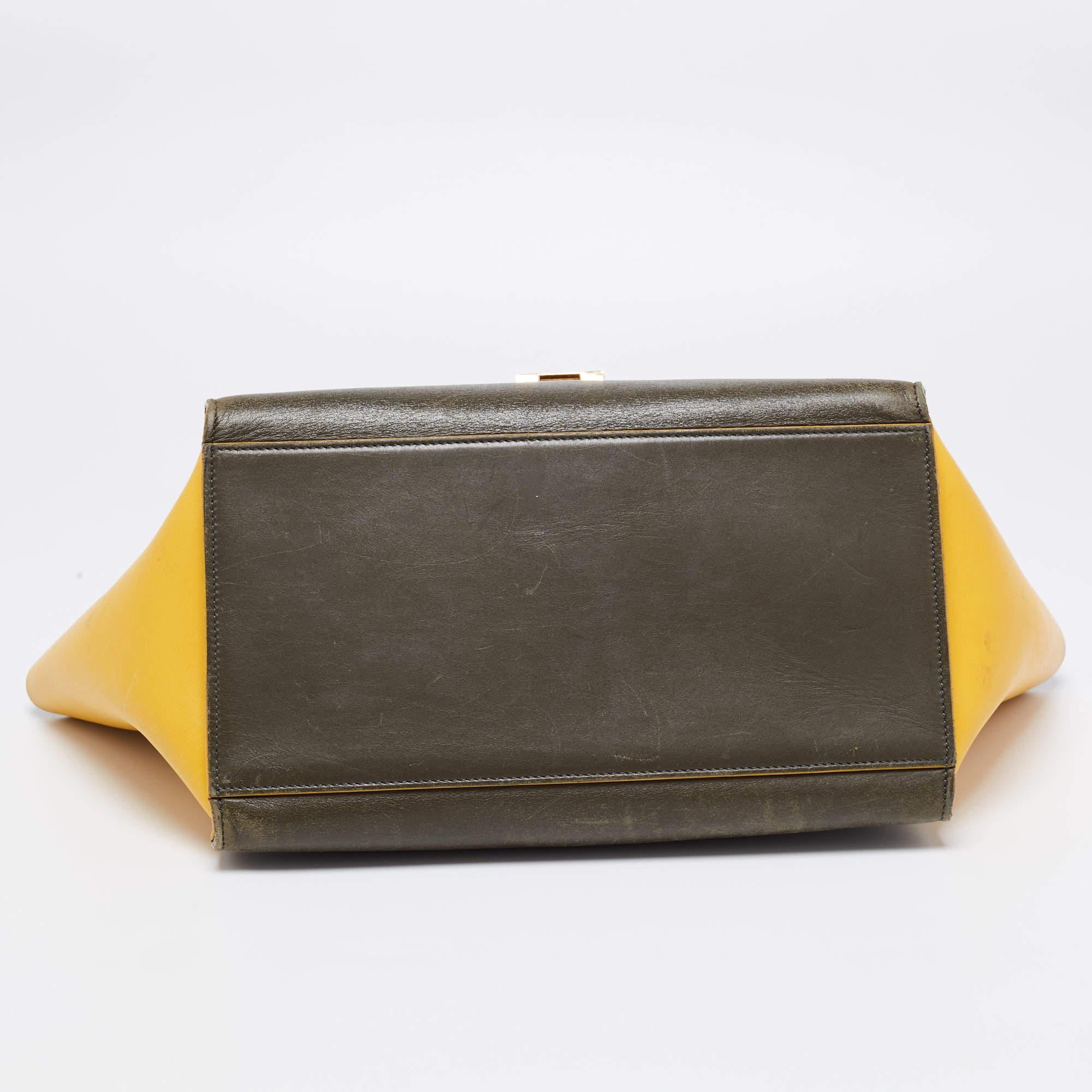 Celine Olive Green/Yellow Leather Small Trapeze Bag For Sale at 1stDibs