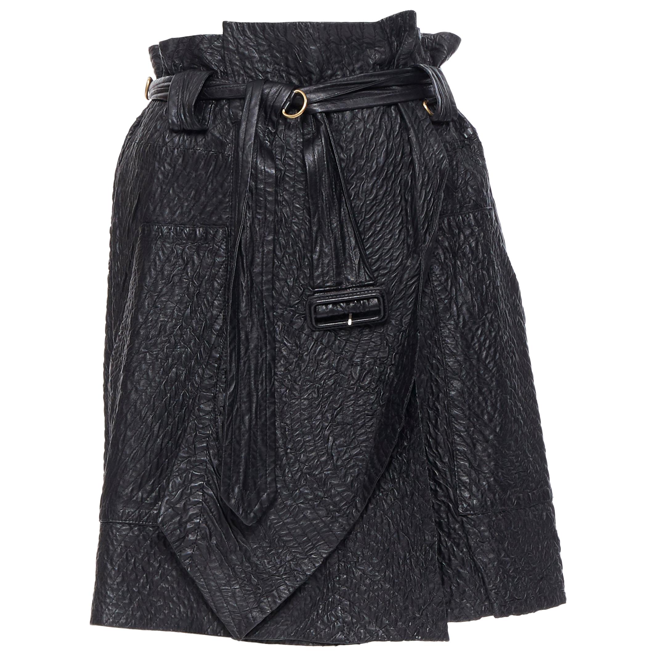 CELINE PHOEBE PHILO 100% lamb leather black quilted belted wrap skirt ...