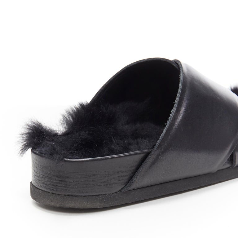 CELINE PHOEBE PHILO black rabbit fur lined cross strap flat sandals ...