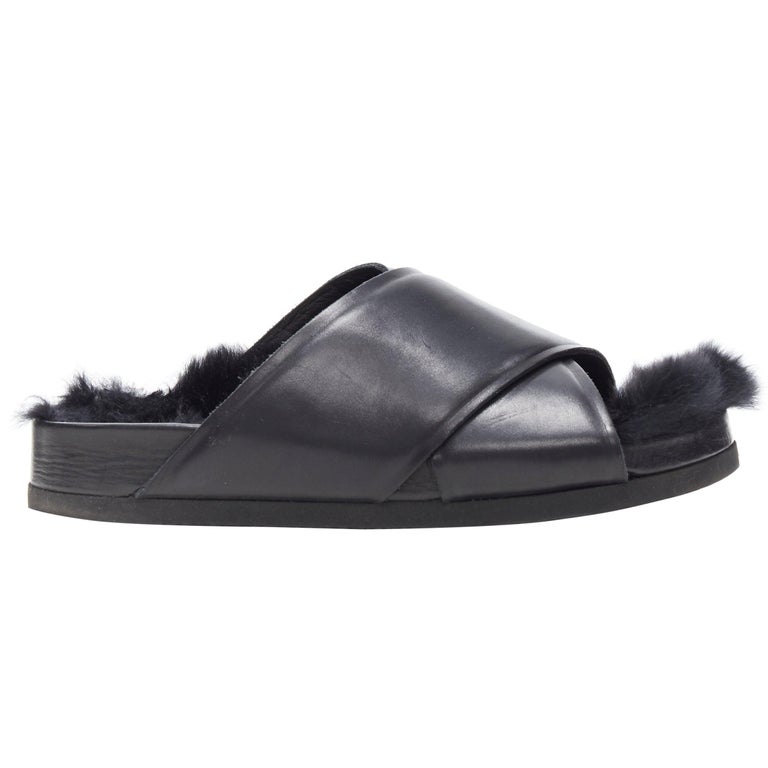 CELINE PHOEBE PHILO black rabbit fur lined cross strap flat sandals ...