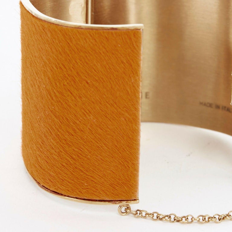 CELINE PHOEBE PHILO Manchette Edge orange pony hair gold metal cuff ...