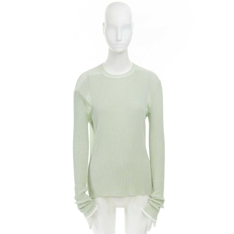 CELINE PHOEBE PHILO mint green ribbed sheer back step hem sweater top M ...
