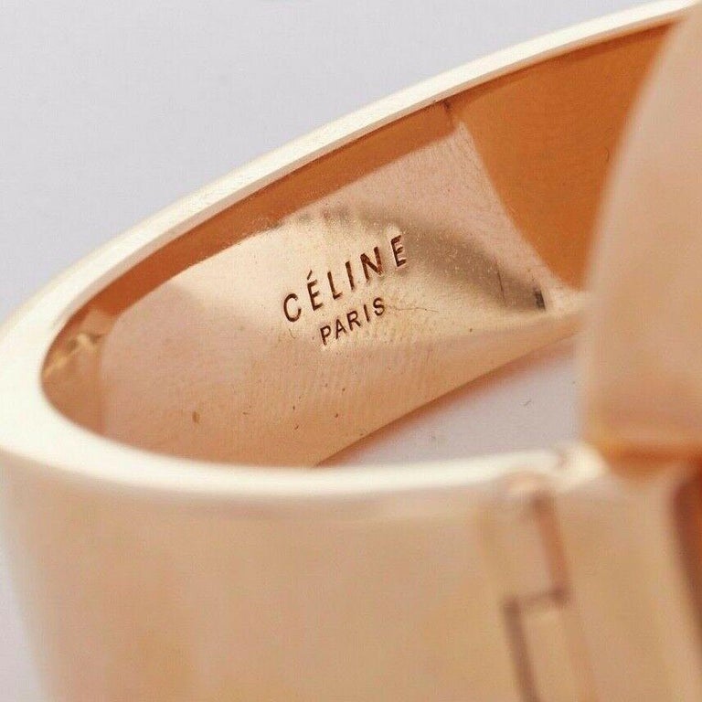 CELINE pink grey signet marble stone face gold-tone metal bracelet cuff ...