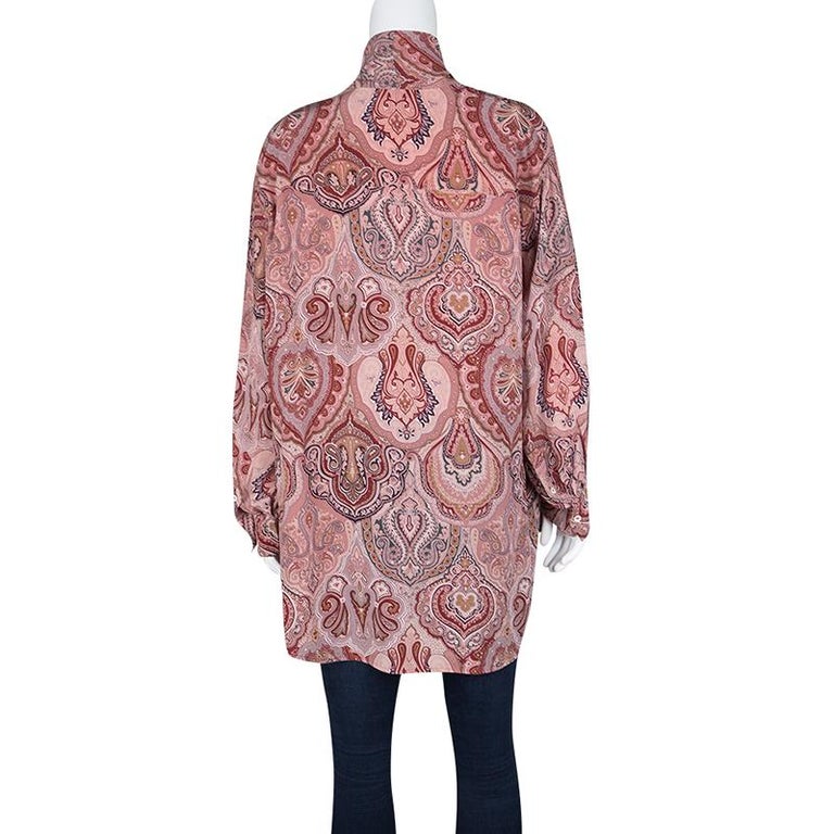 Celine Printed Mulberry Silk Neck Tie Detail Long Sleeve High Low Tunic ...