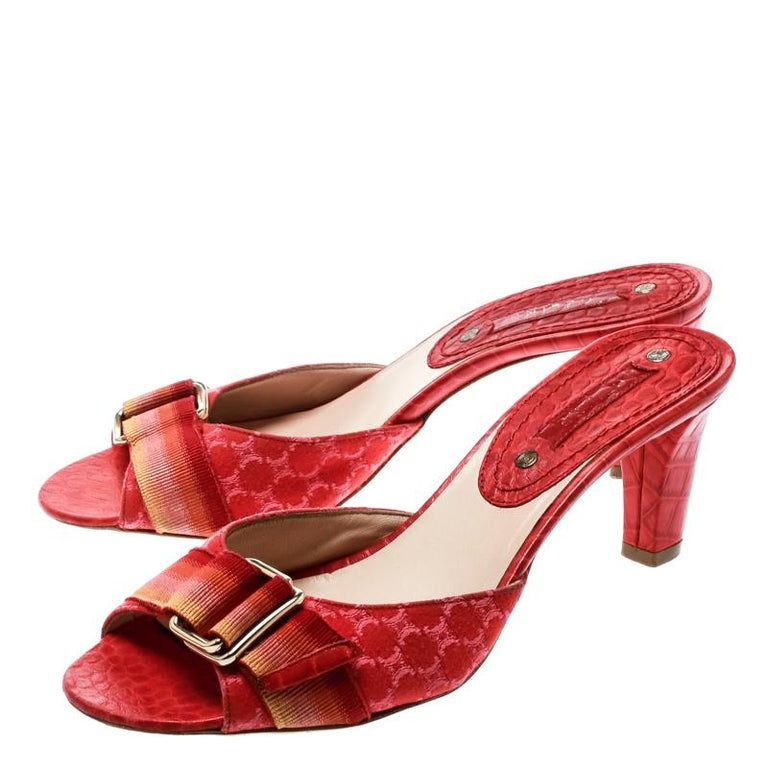 Celine Red Croc Embossed Leather And Fabric Slide Sandals Size 36 For ...