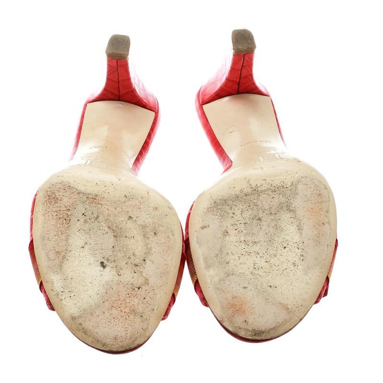 Celine Red Croc Embossed Leather And Fabric Slide Sandals Size 36 For ...