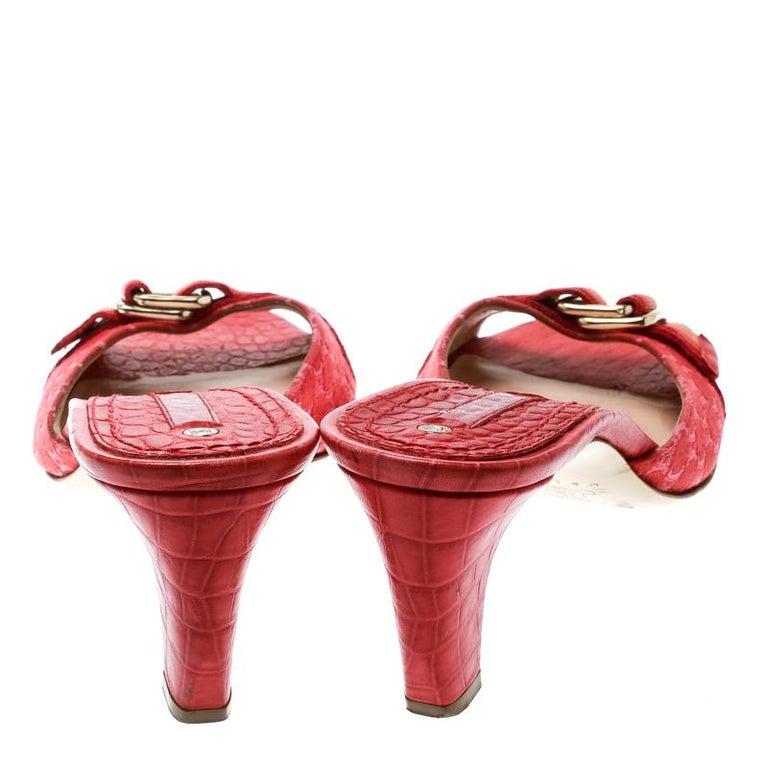 Celine Red Croc Embossed Leather And Fabric Slide Sandals Size 36 For ...