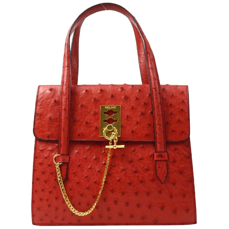Celine Red Exotic Skin Leather Gold Chain Kelly Top Handle Satchel Flap ...