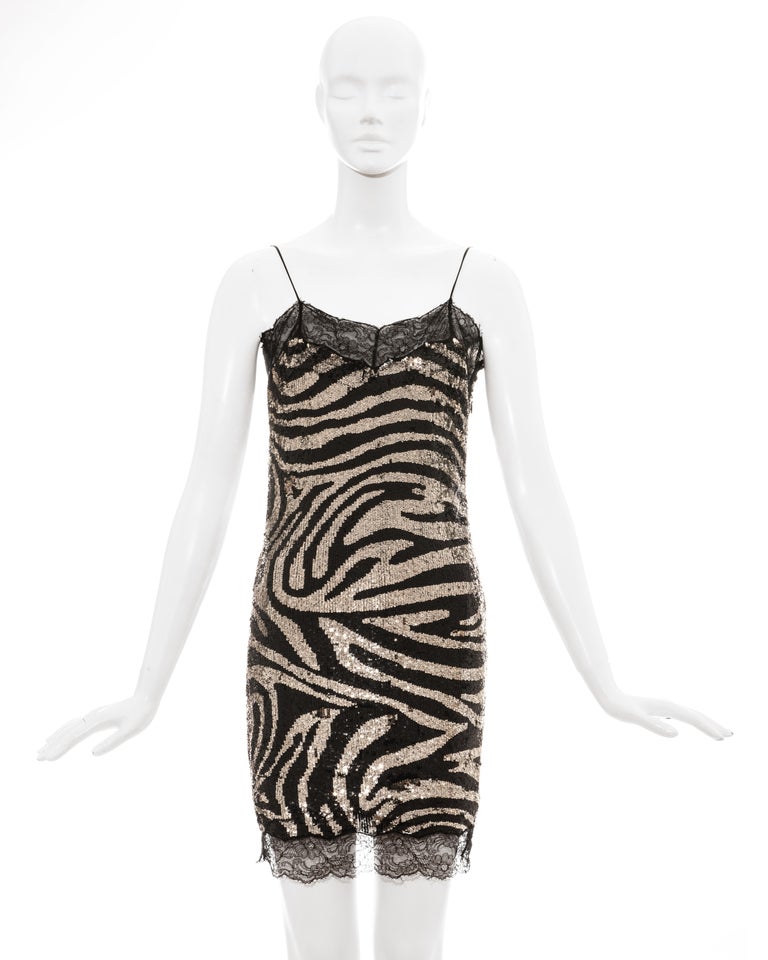 Celine silver zebra patterned sequin and lace slip dress, fw 2003 at ...