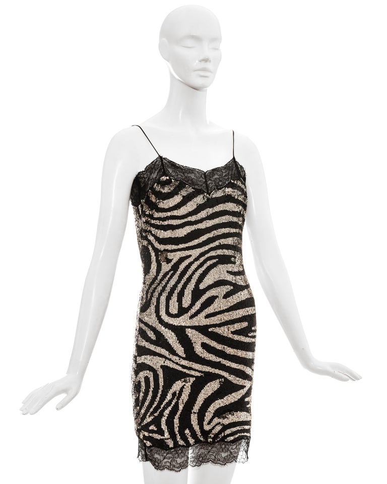 Celine silver zebra patterned sequin and lace slip dress, fw 2003 at ...
