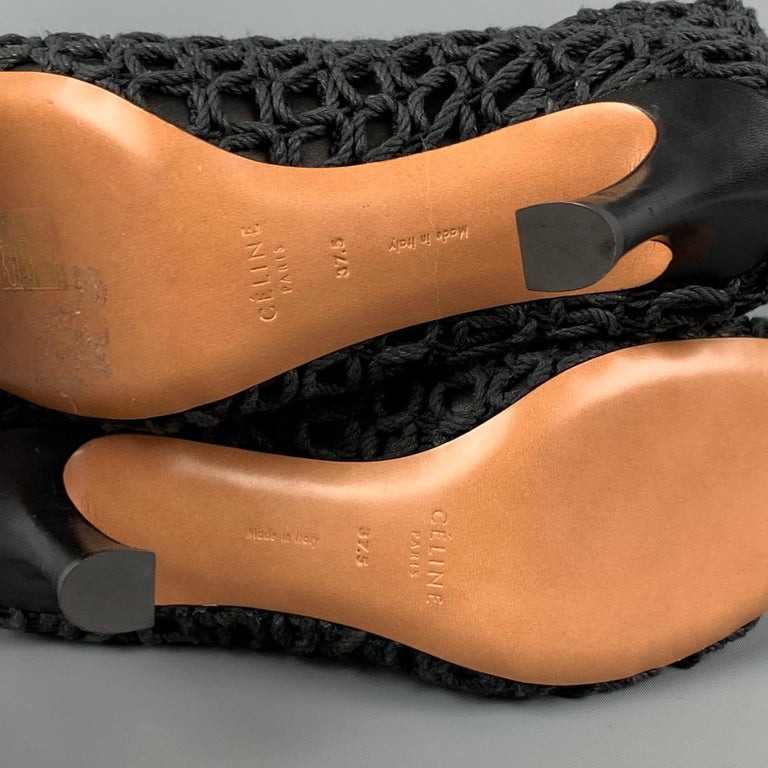 CELINE Size 7.5 Black Leather Woven Rope Heels For Sale at 1stDibs