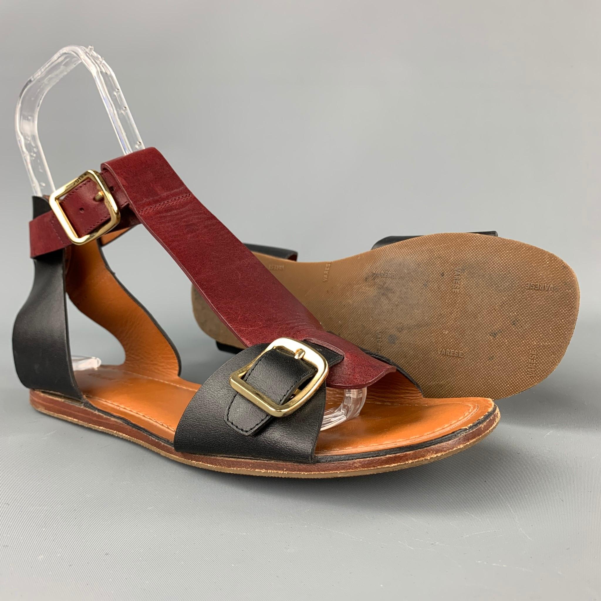 CELINE Size 9 Burgundy and Black Leather Gladiator Sandals at 1stDibs