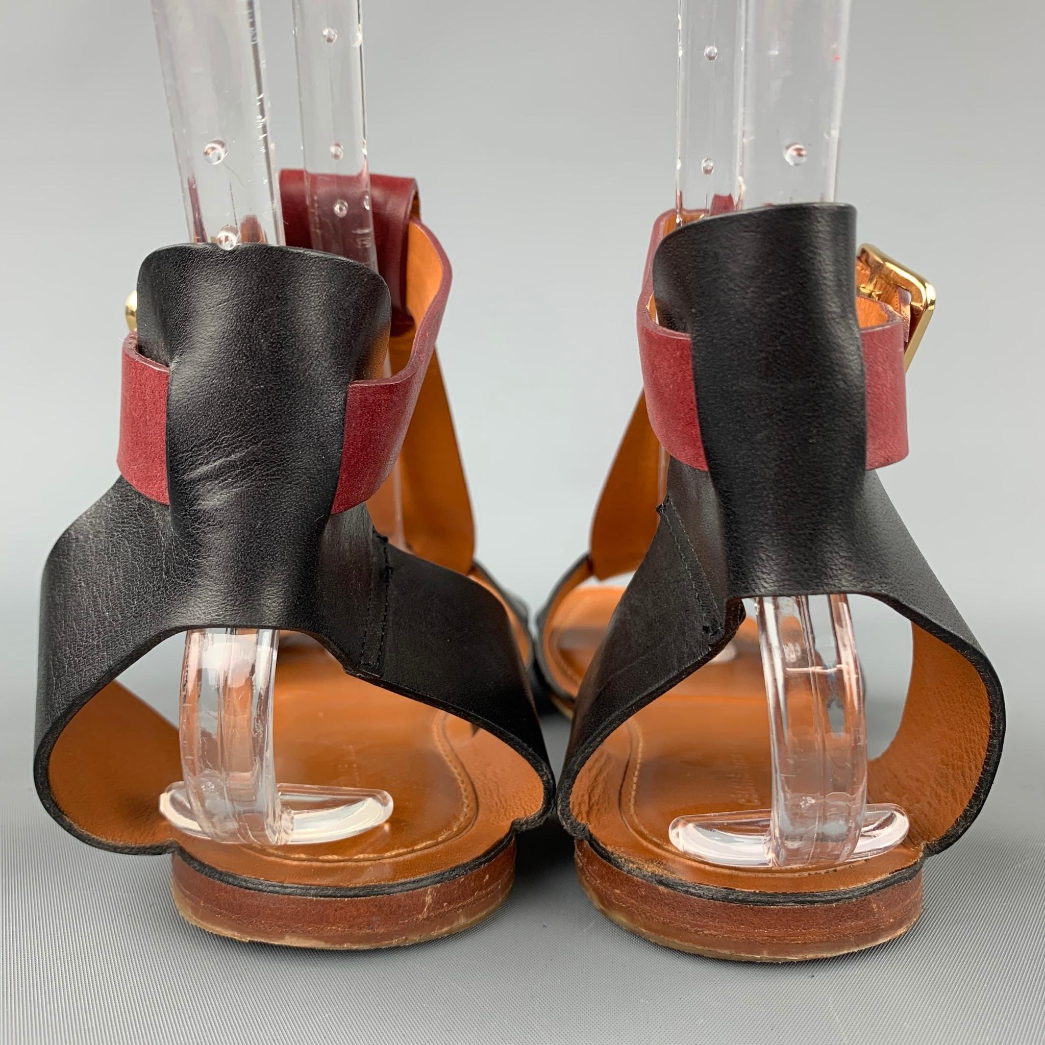 CELINE Size 9 Burgundy and Black Leather Gladiator Sandals at 1stDibs