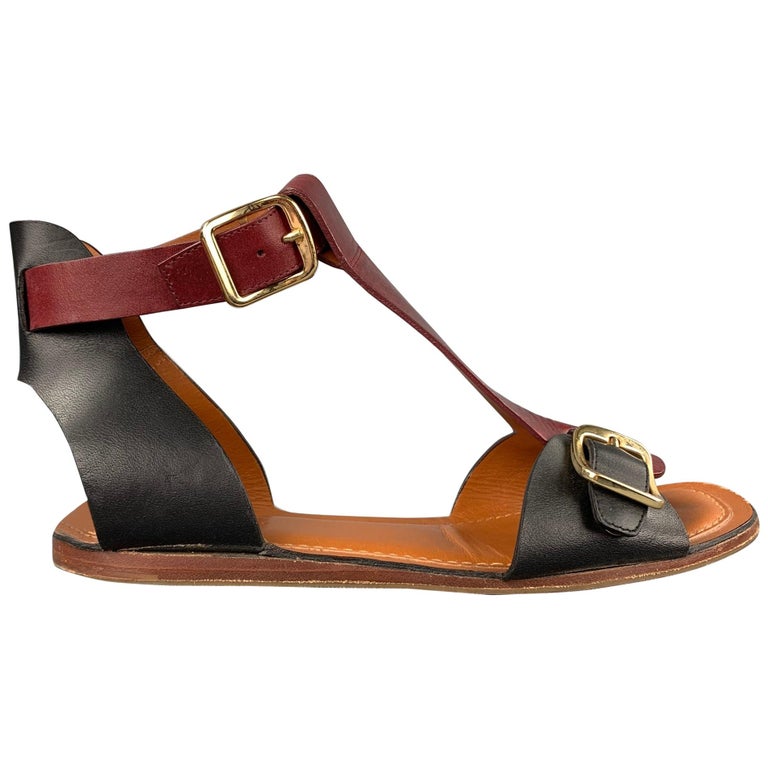 CELINE Size 9 Burgundy and Black Leather Gladiator Sandals For Sale at ...