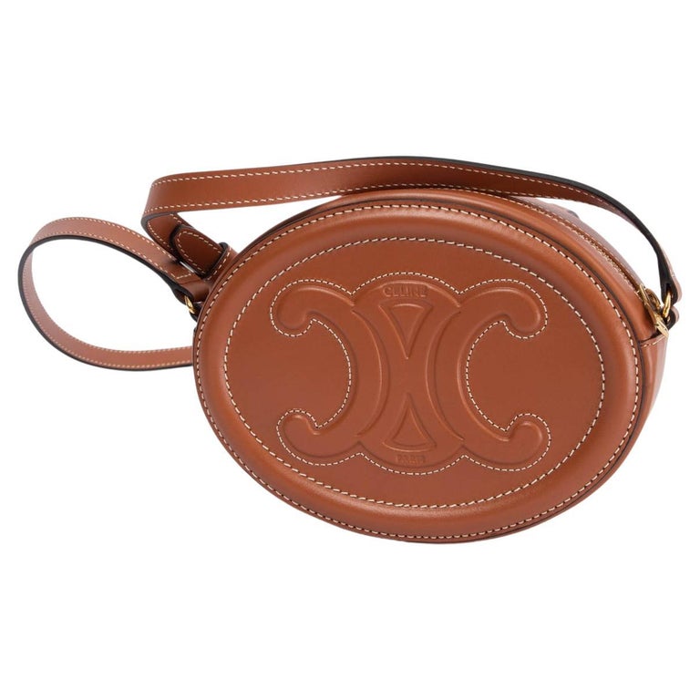 CELINE tan brown Triomphe leather OVAL Shoulder Bag For Sale at 1stDibs