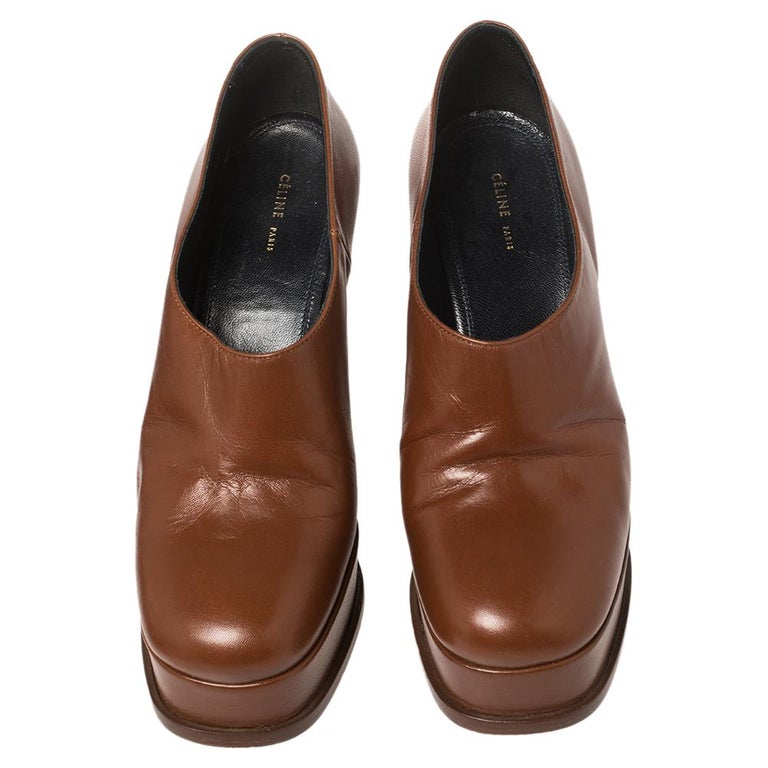 Celine Tan Leather Square Toe Platform Booties Size 37 at 1stDibs