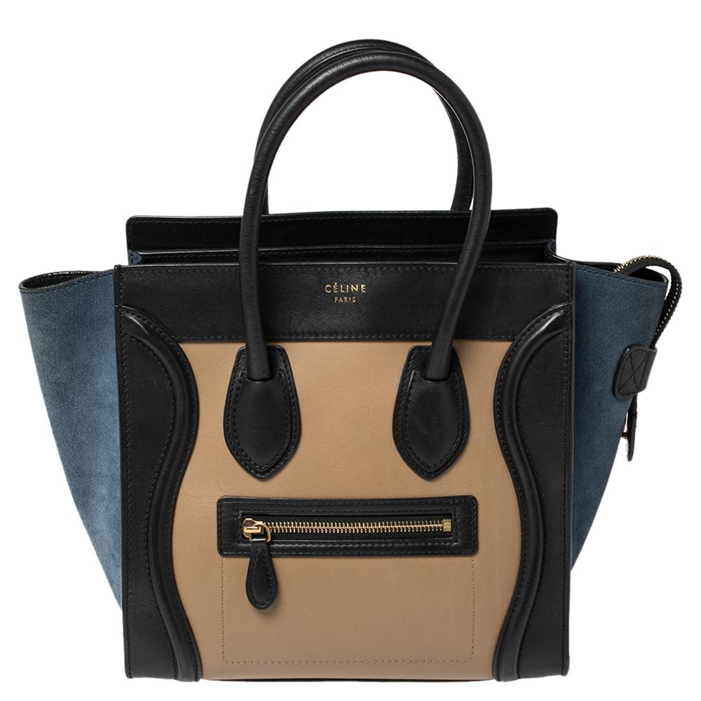 Celine Tricolor Micro Luggage Tote Pebbled Leather and Suede Handbag at ...