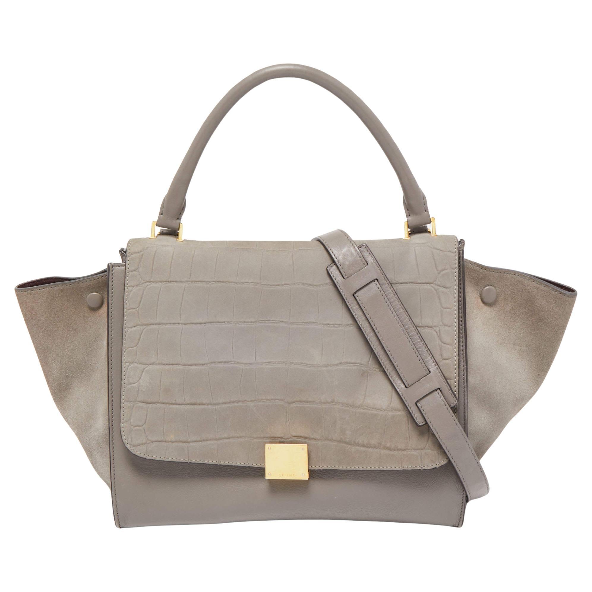 Celine Two Tone Grey Croc Embossed Leather and Suede Medium Trapeze Top ...